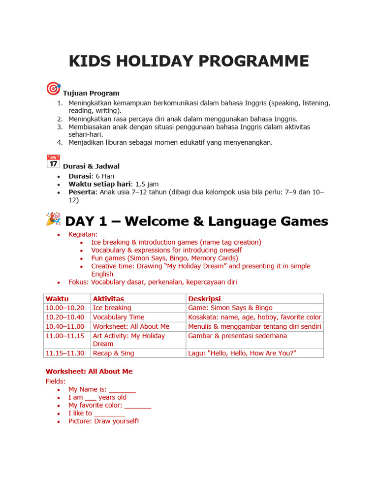 Holiday Programme Kids 2025 | PDF
