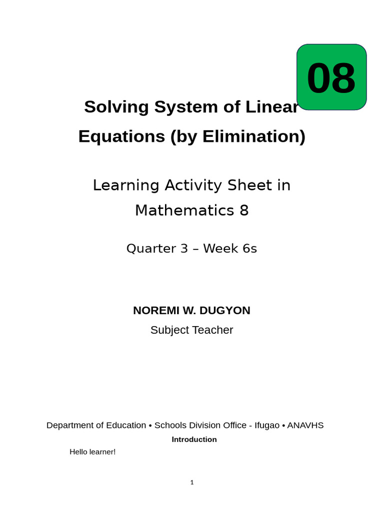 LAS-Math 8(Solving Linear Equations by Elimination) | PDF | Equations | System Of Linear Equations