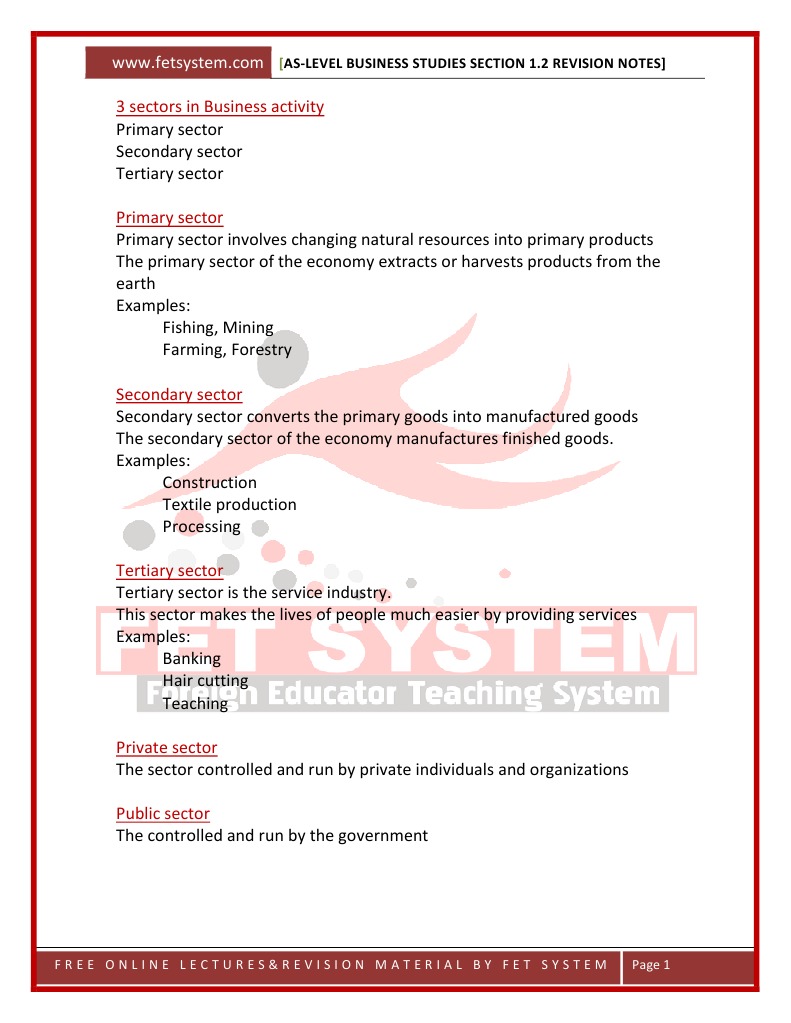 As Level Business Studies Revision Notes Section 1.2 | PDF ...