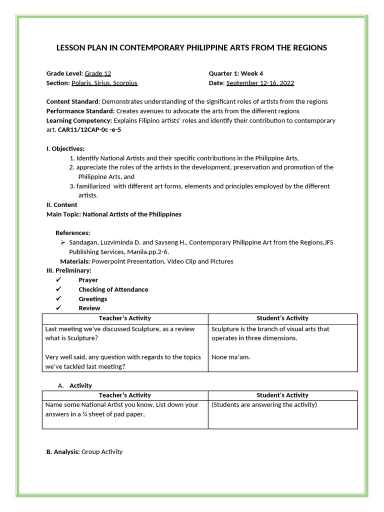 Grade 12 Lesson Plan: Philippine Arts | PDF | Learning