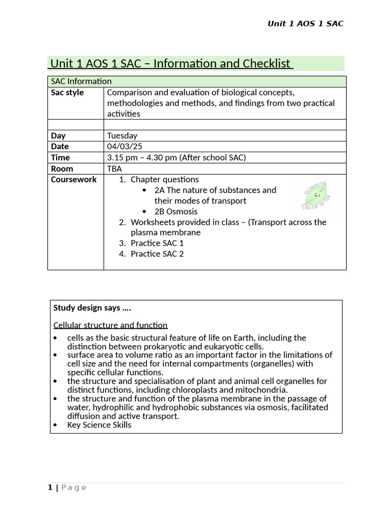 Unit 1 AOS 1 SAC Checklist Guide | PDF | Osmosis | Cell (Biology)