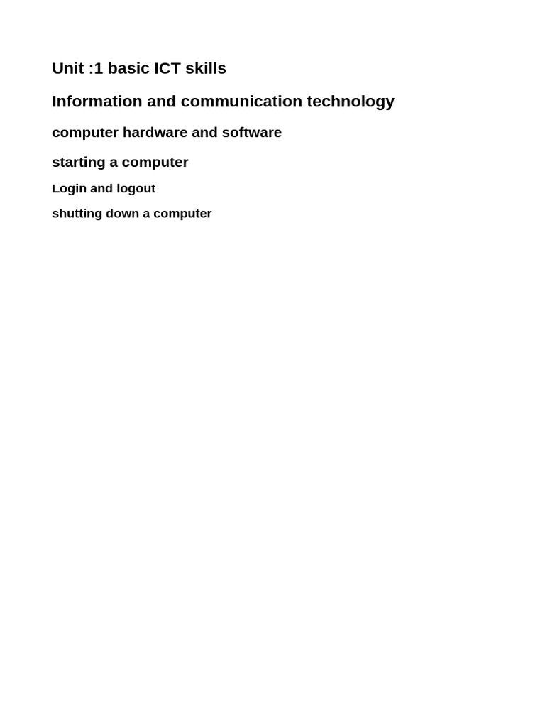 Unit:1 Basic ICT Skills Information and Communication Technology | PDF