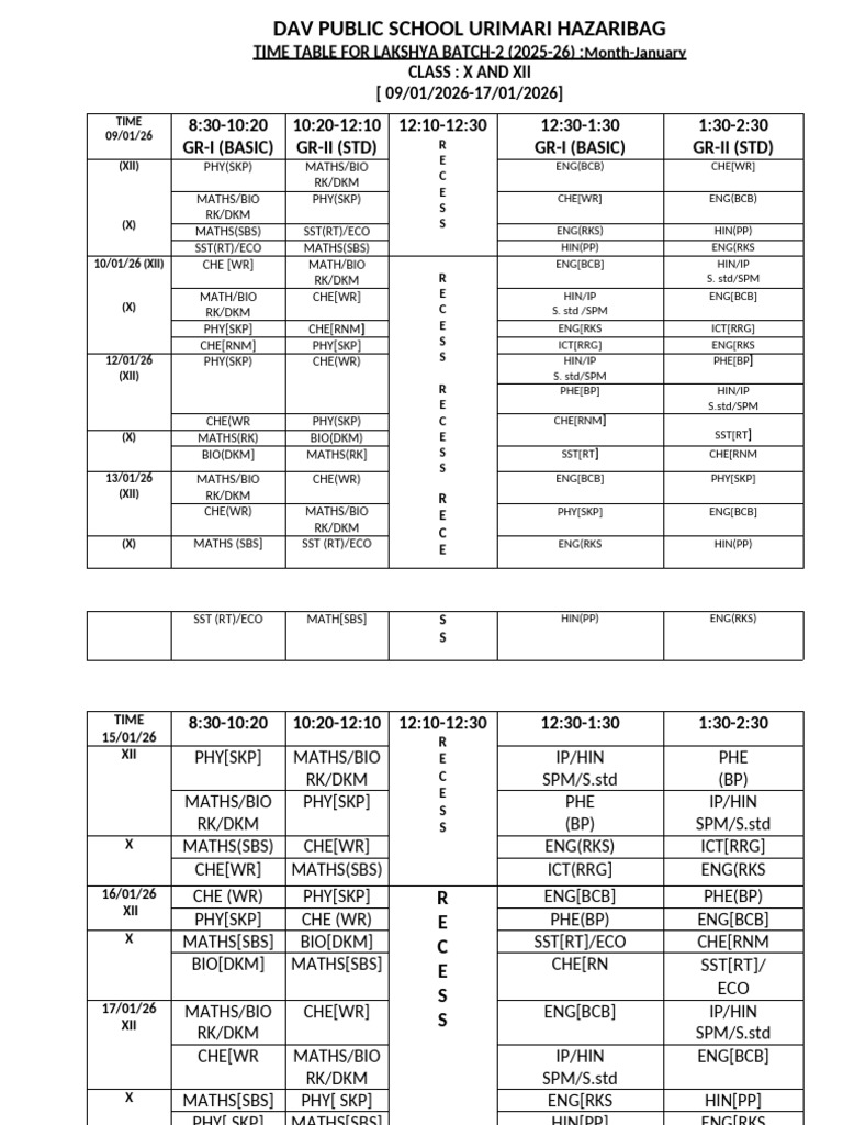 DAV Public School Hazaribag Timetable 2025-26 | PDF