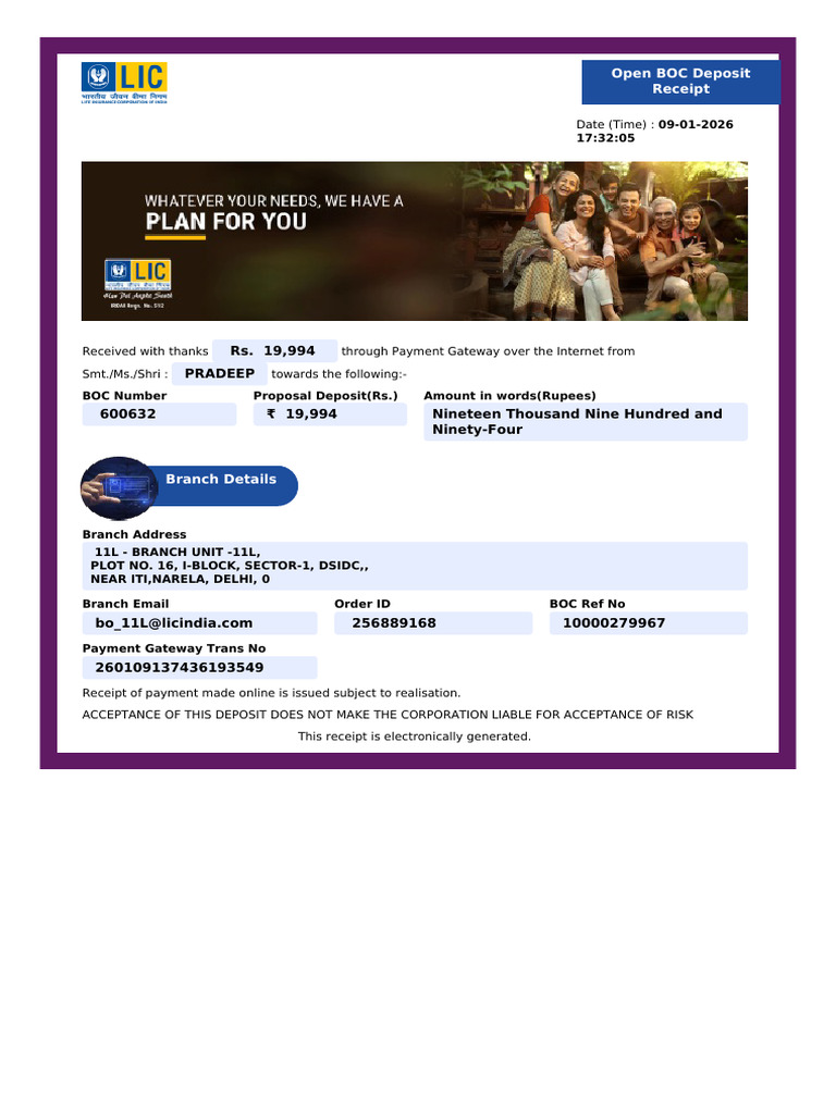 Online Payment Receipt for BOC Deposit | PDF