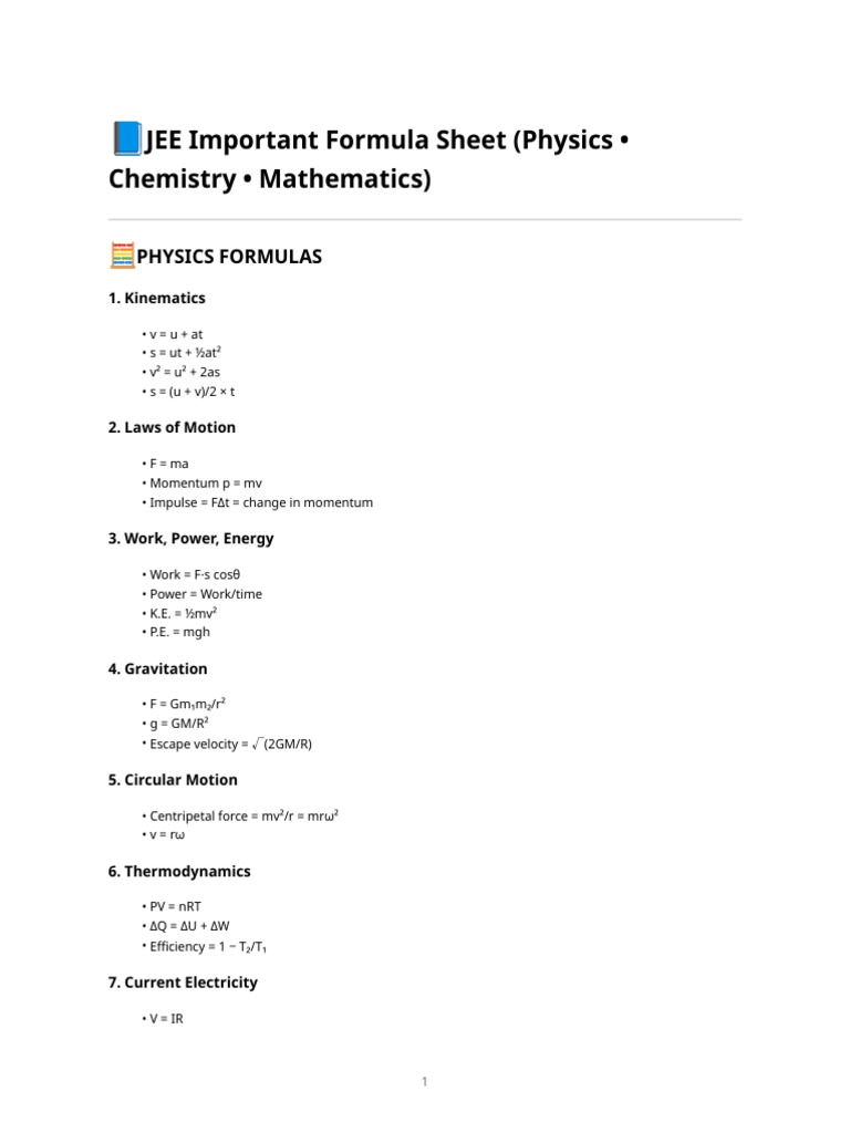 Jee Important Formula Sheet (2) | PDF | Pi | Trigonometric Functions