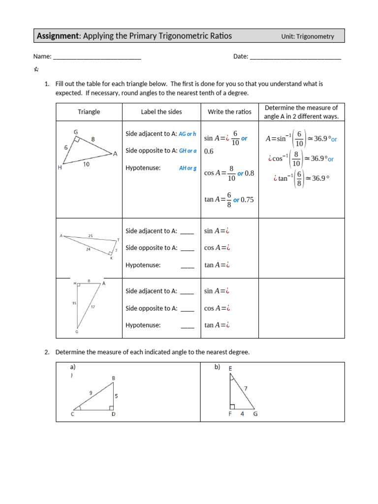 Trigonometric Ratios Assignment Guide | PDF | Trigonometry | Elementary ...