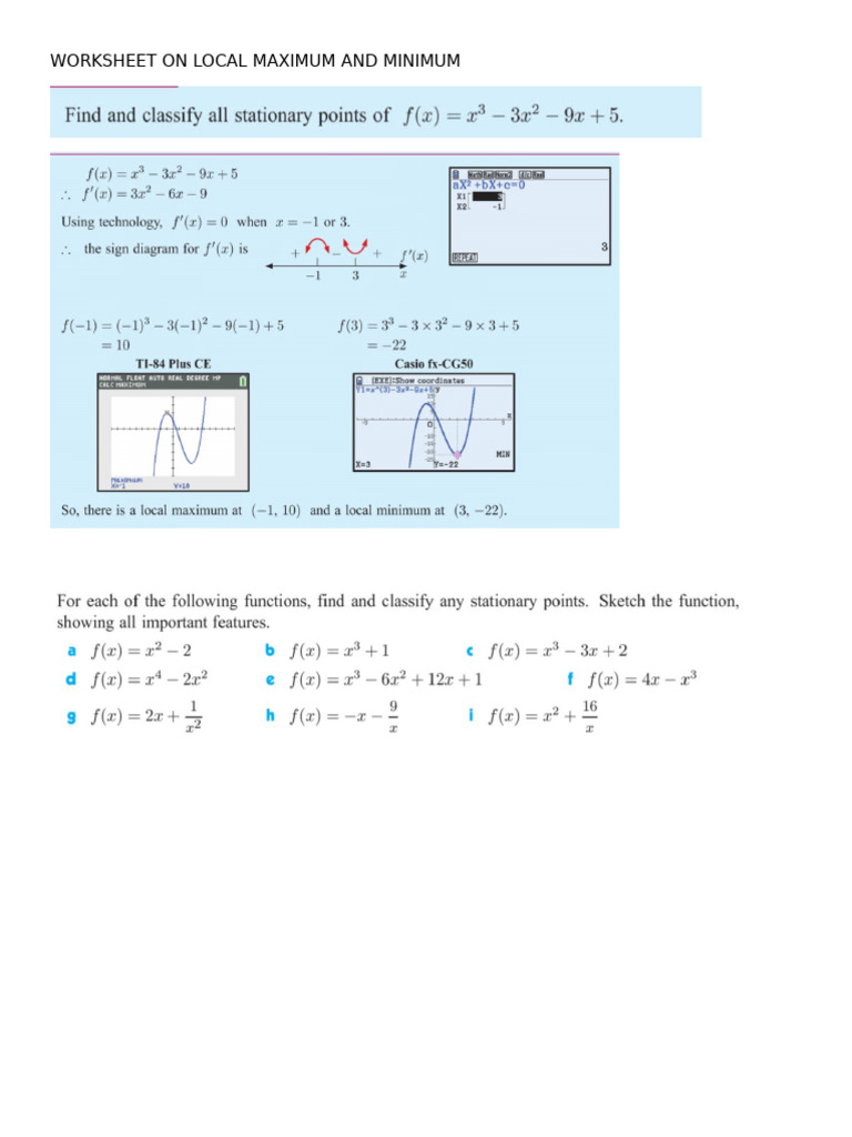 Worksheet on Local Maximum and Minimum | PDF