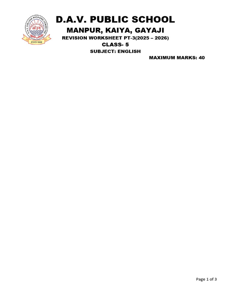 Class 5 English Revision Worksheet | PDF