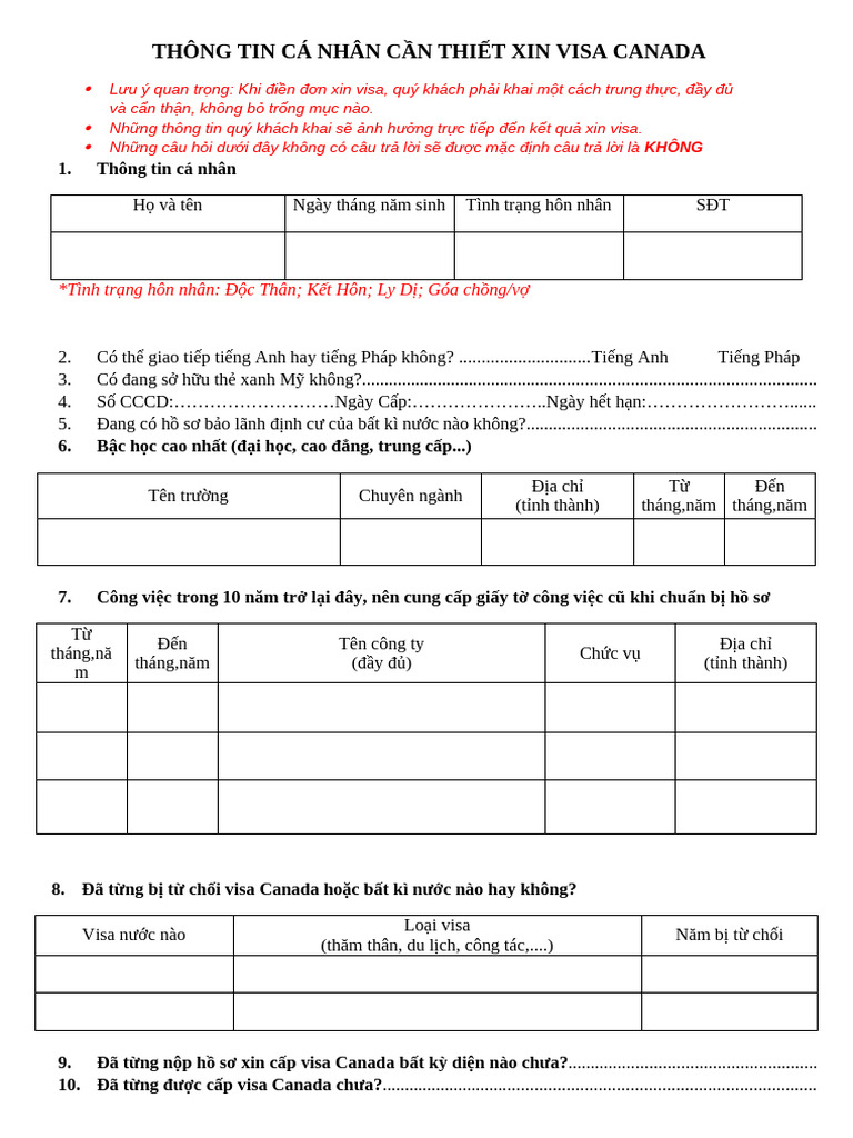 Form Khai Thông Tin Visa Canada 2022 | PDF