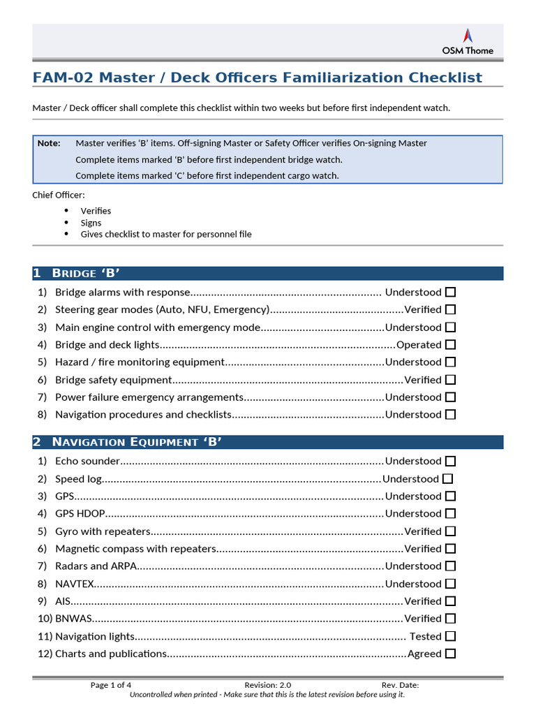 FAM-02 Master Deck Officers Familiarization Checklist | PDF | Shipping