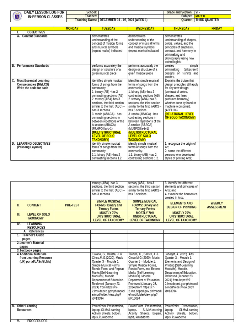 Q3_MAPEH_DLL_WEEK 1 | PDF | Musical Forms