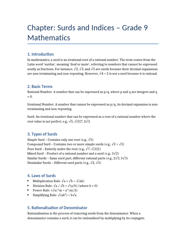 Surds_and_Indices_Grade9_Detailed_Notes (1) | PDF | Numbers | Rational ...