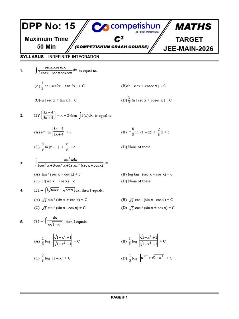 JEE-Main 2026 Indefinite Integration Solutions | PDF | Chess Theory ...