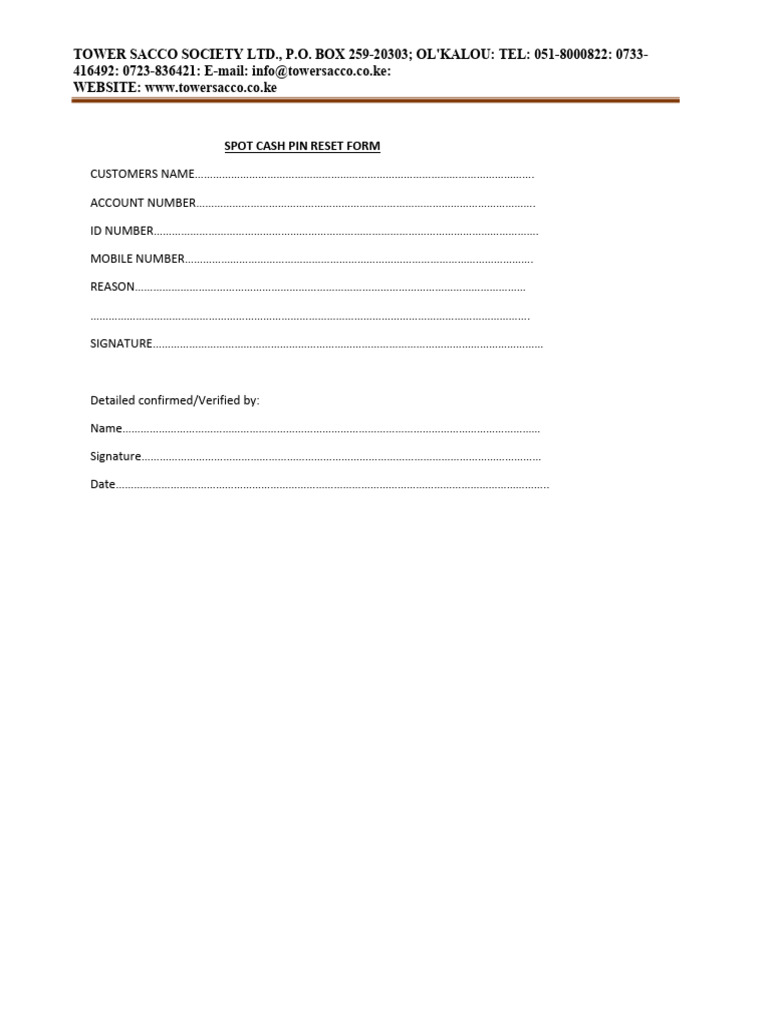 Tower SACCO Cash PIN Reset Form | PDF
