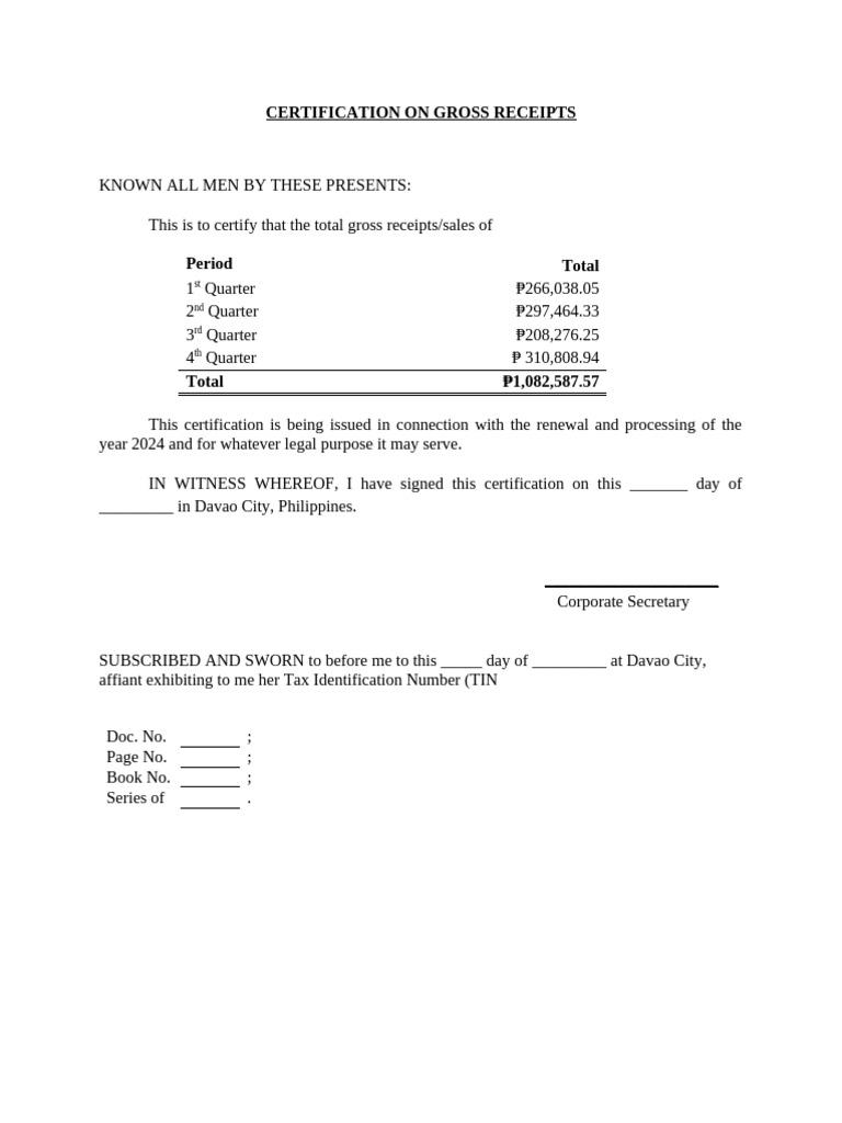 GSFI_Certification of Gross Receipts | PDF