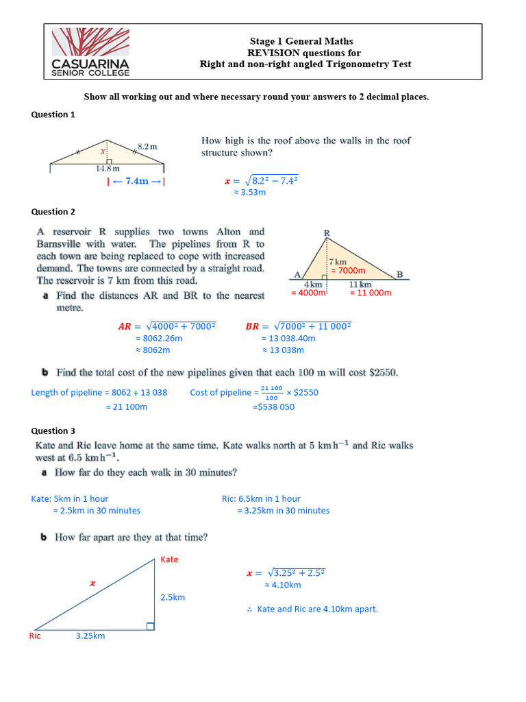 Revision Test for Stage 1 General Trig Test. With Solutions | PDF ...