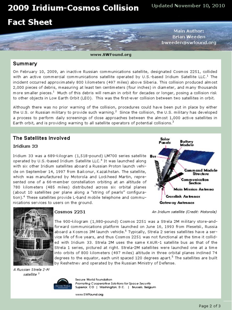 2009 Iridium-Cosmos Collision Factsheet | PDF | Space Debris | Satellite