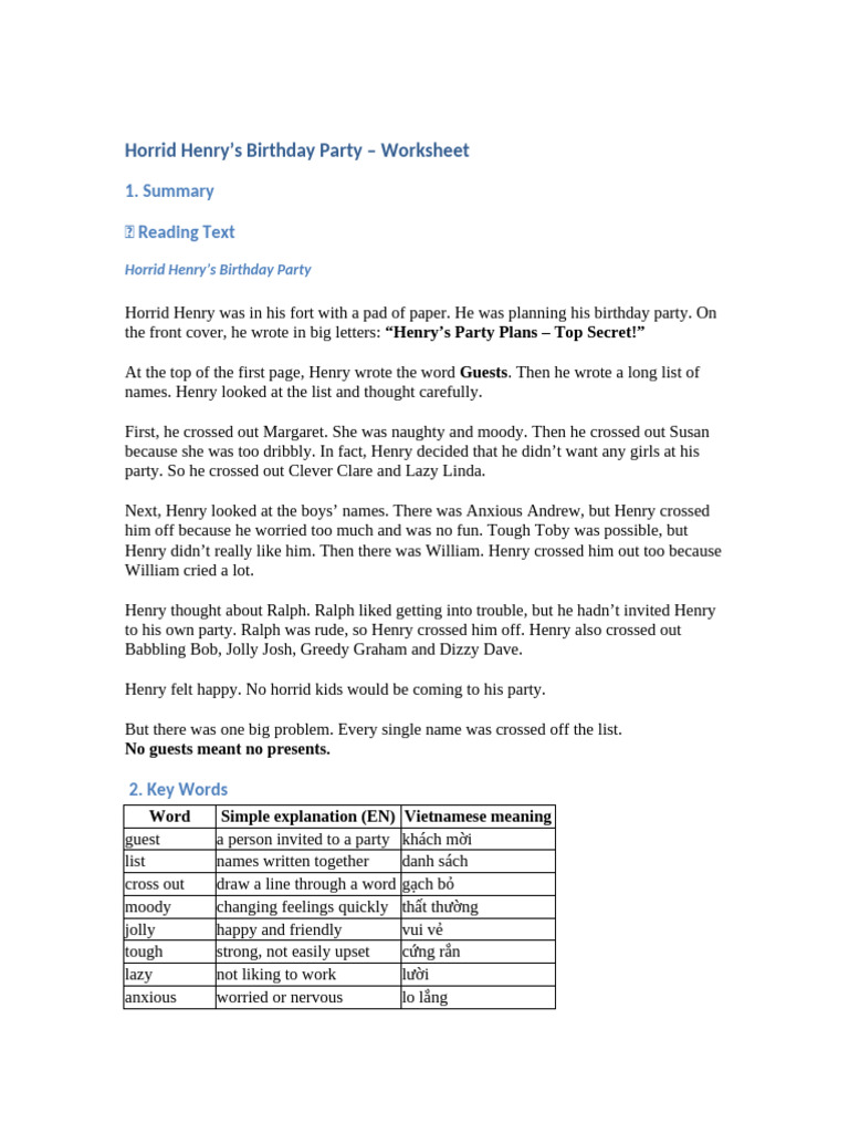 Horrid Henry Birthday Party Worksheet | PDF | Horrid Henry