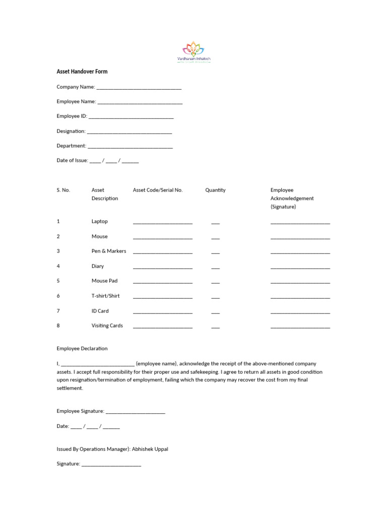 Asset Handover Form | PDF