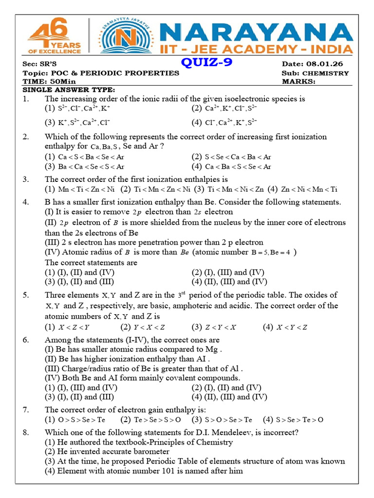 Sr's Quiz-9 Poc & Periodic 08.01.26 | PDF | Chromatography | Distillation