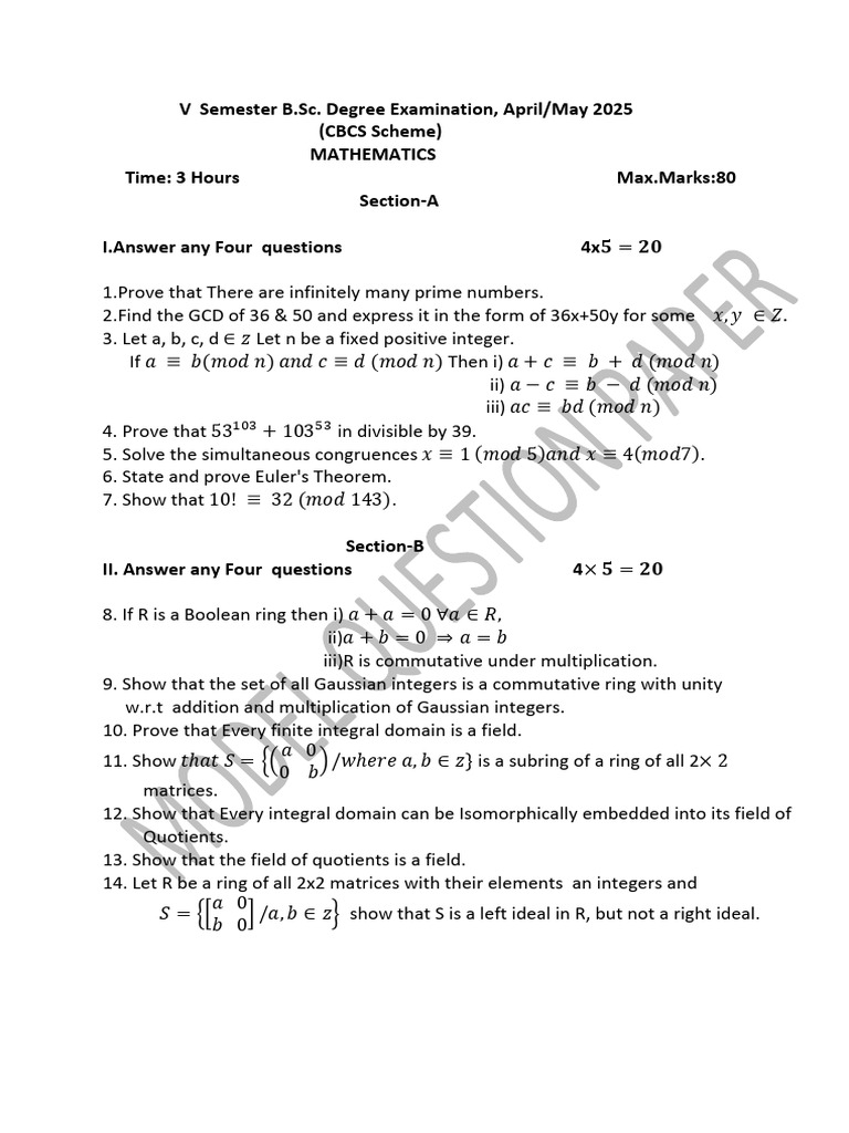 Model Question Paper (4) | PDF | Ring (Mathematics) | Integer