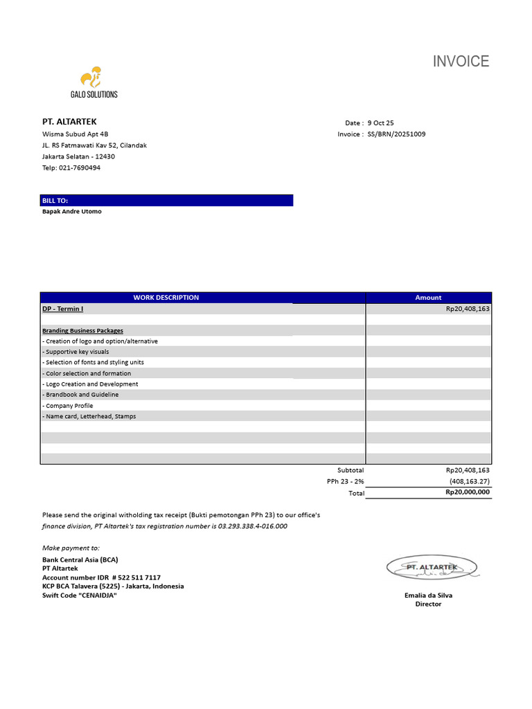Invoice Galo 2025 Main - Bapak Andre Utomo 45 Juta (DP 20) | PDF