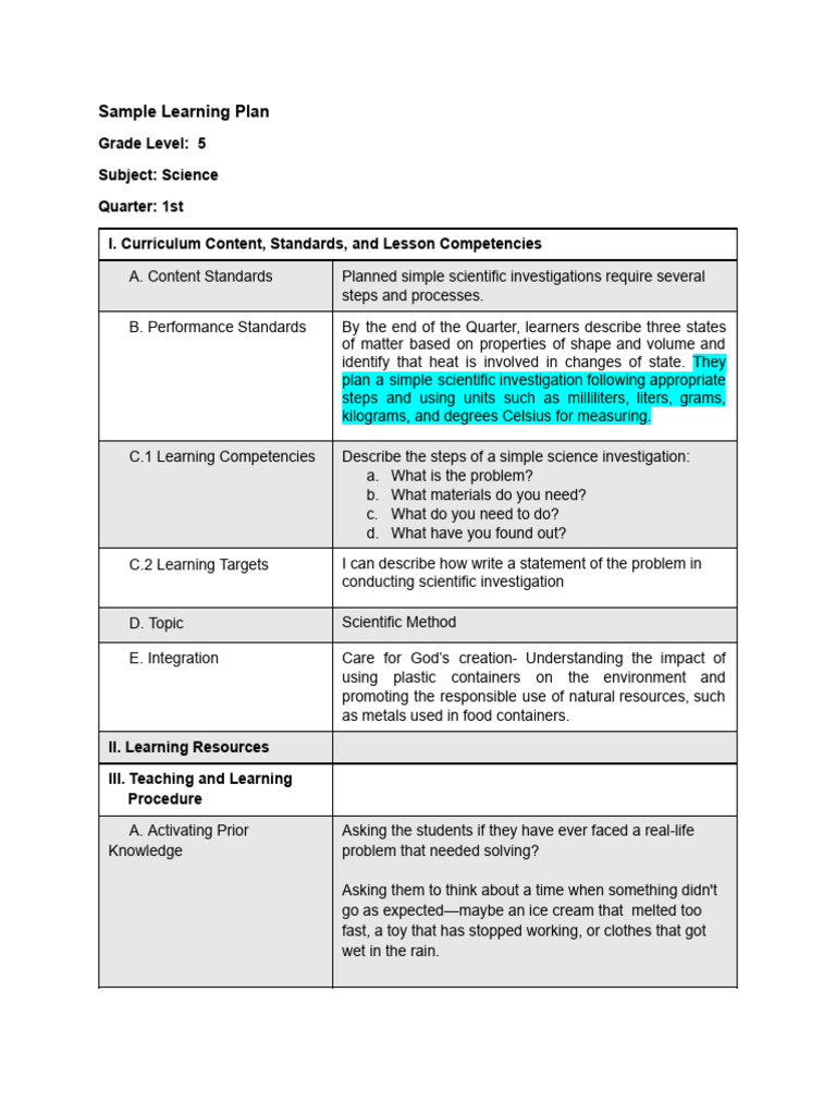 Science 5 Learning Plan - Scientific Method | PDF | Learning ...