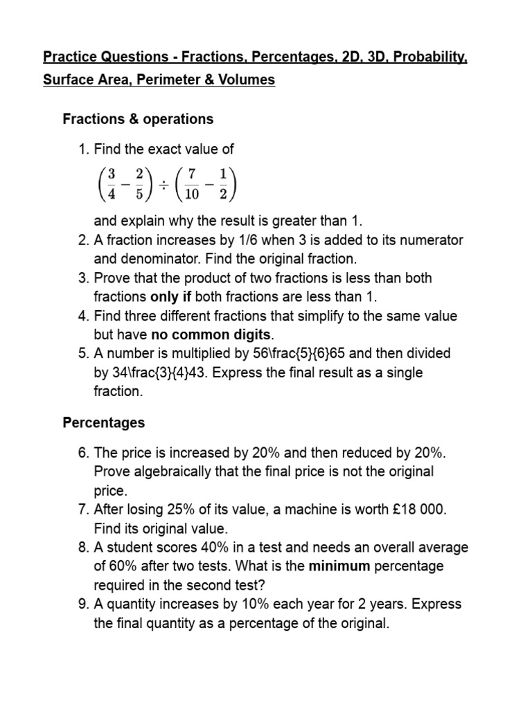 Maths - Fractions, Percentages, Surface Area, Perimeter & Volumes ...