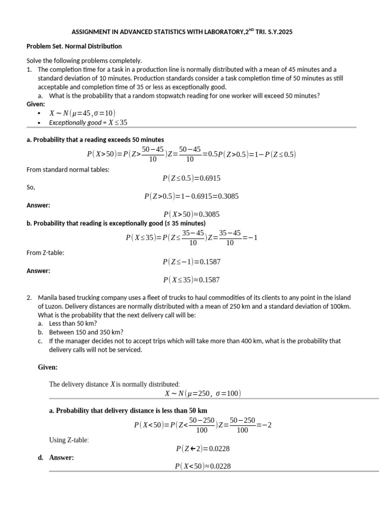 Advanced Statistics Problem Set: Normal Distribution | PDF | Normal ...