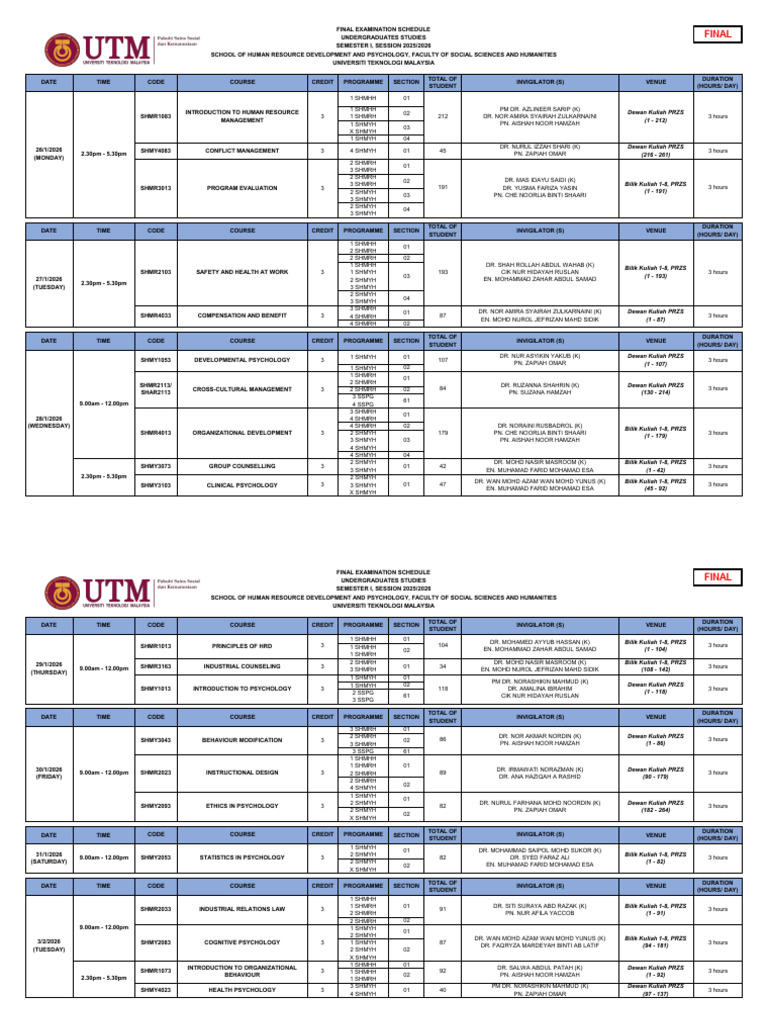 Final Exam Schedule for UTM Psychology Courses | PDF | Psychological ...