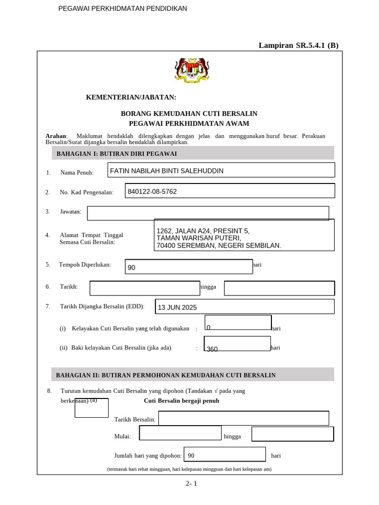 Borang Cuti Bersalin Page 1 | PDF