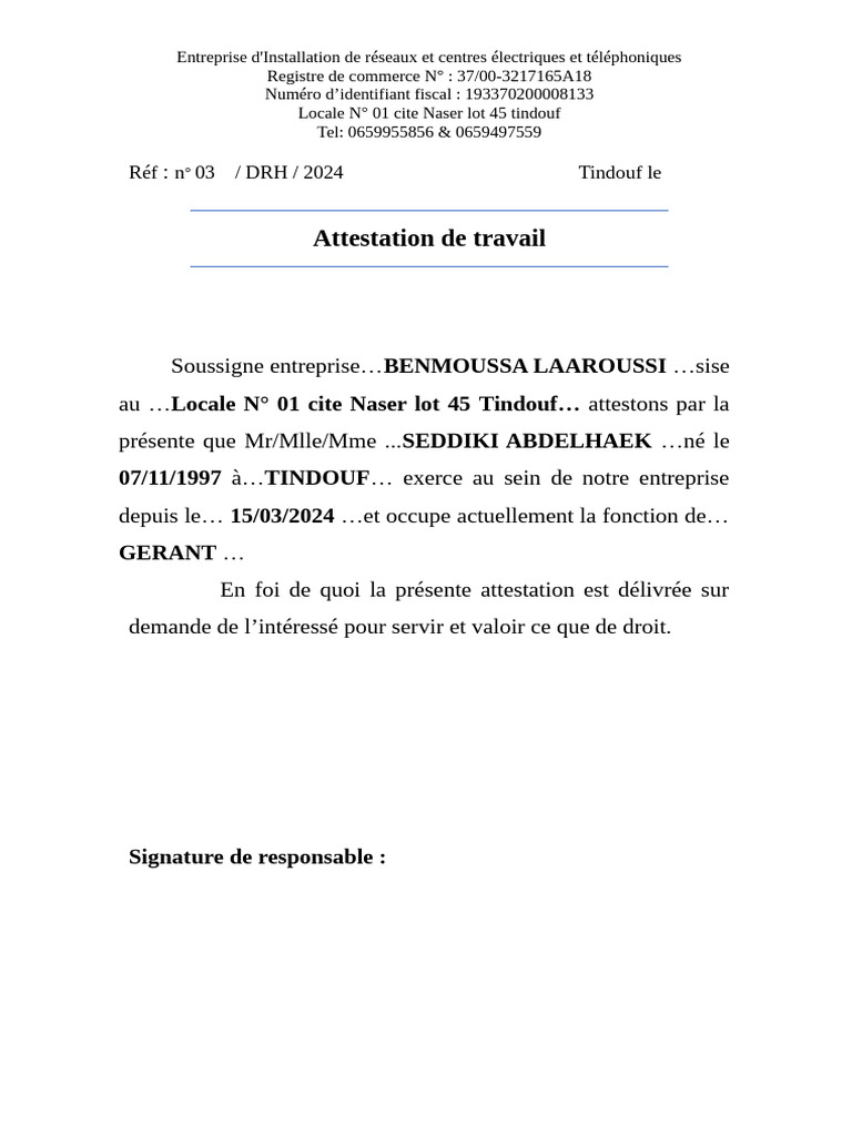 Attestation de travail - SEDDIKI ABDELHAEK | PDF