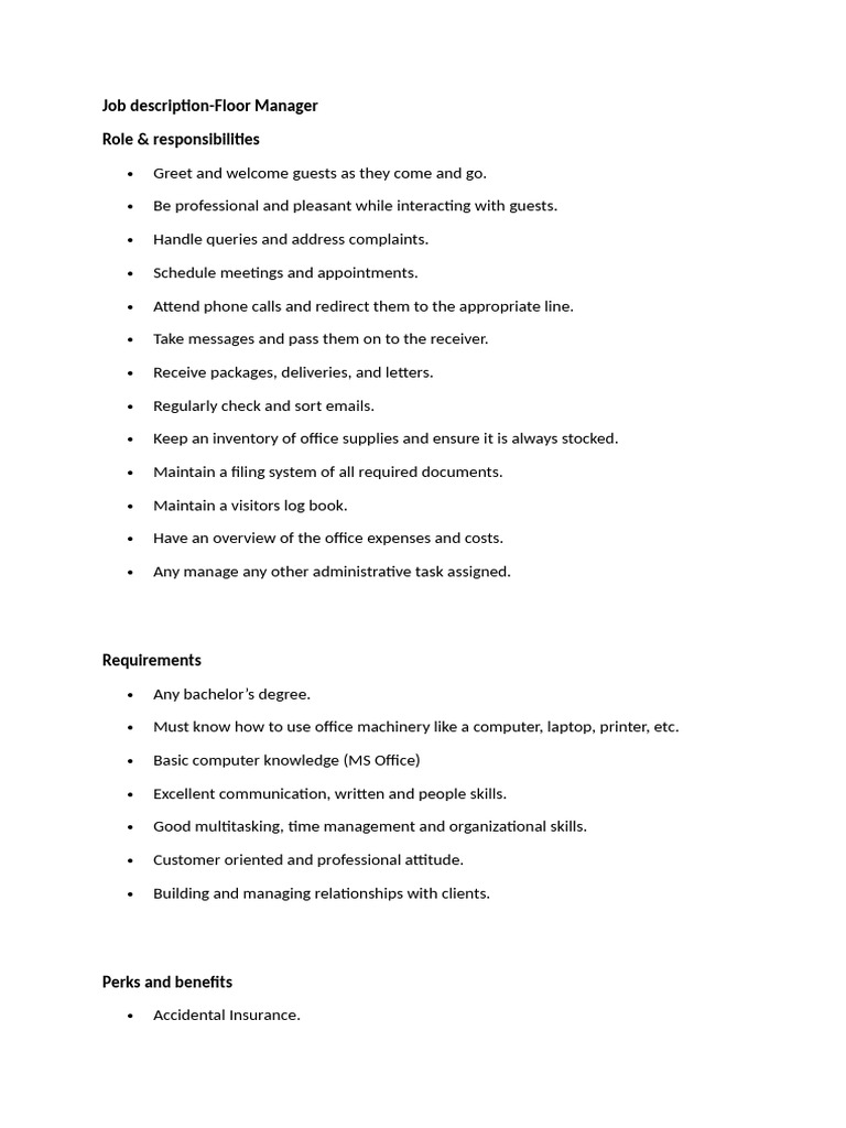 Floor Manager Job Description & Duties | PDF