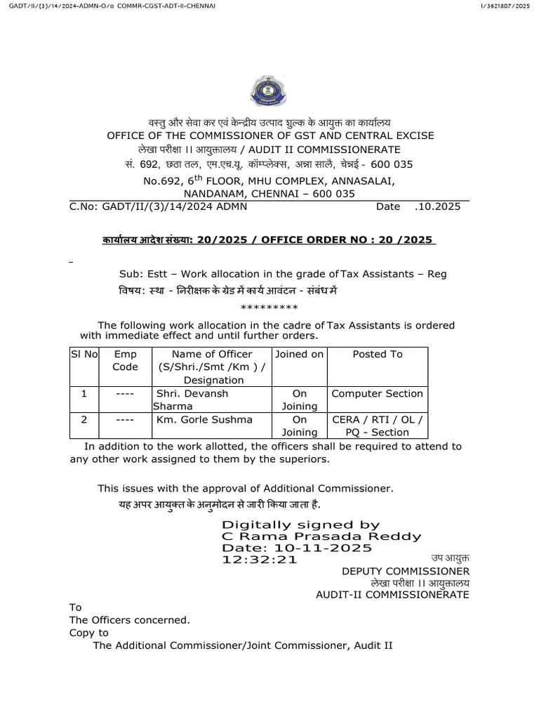 Work Allocation - T.a. - Office Order No.20-2025 | PDF