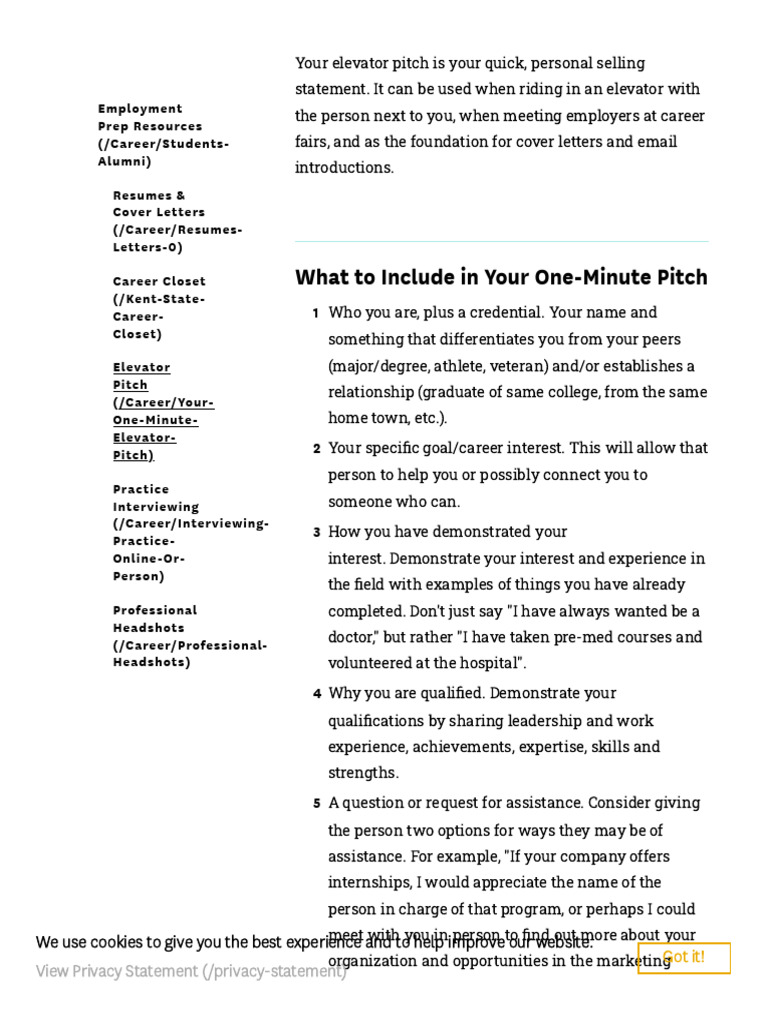 Your One-Minute Elevator Pitch - Career Exploration & Development | PDF ...
