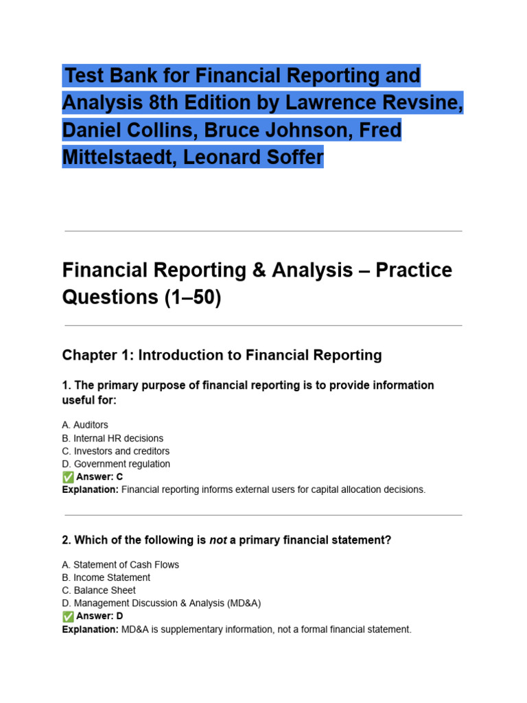 Financial Reporting Test Bank Questions | PDF | Revenue | Equity (Finance)
