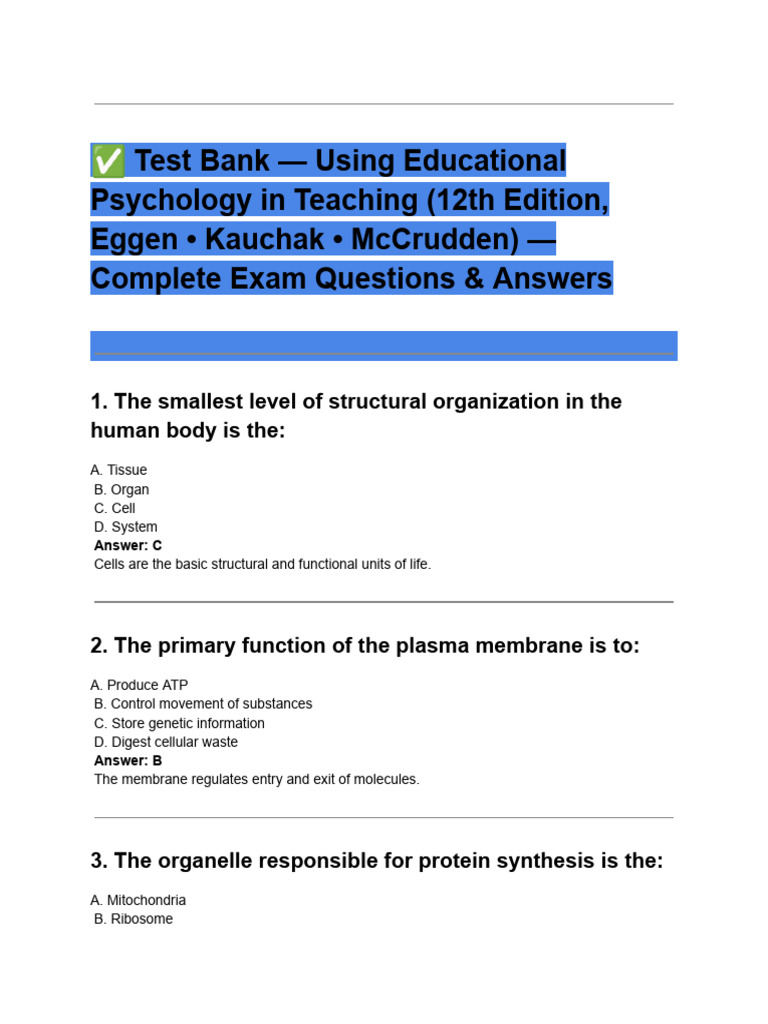 Educational Psychology Test Bank Answers | PDF | Kidney | Central ...