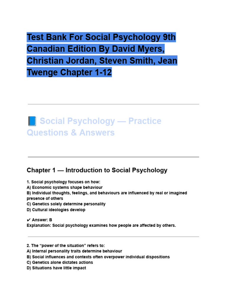 Test Bank for Social Psychology 9th Canadian Edition by David Myers ...