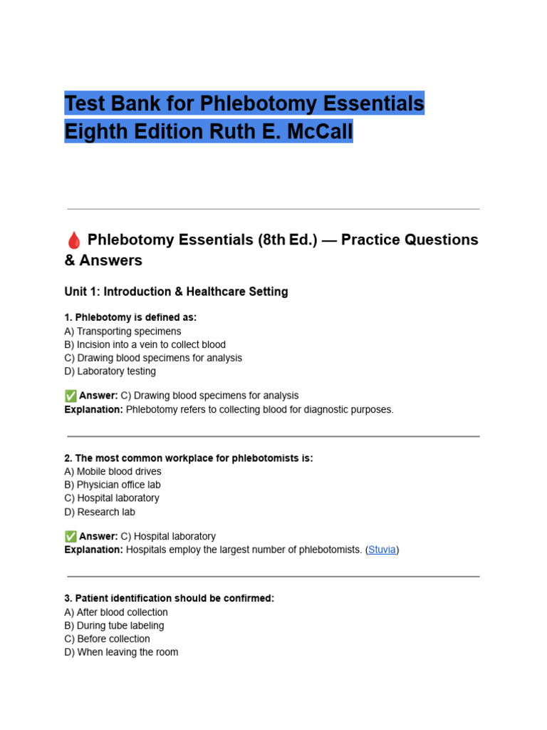 Phlebotomy Essentials Test Bank 8th Ed. | PDF | Blood Plasma | Tissue ...