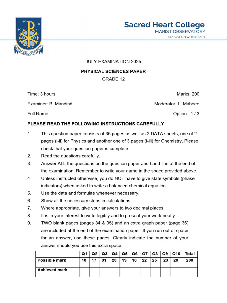 Grade 12 Physical Sciences Midyear Examination 2025 | PDF | Chemical ...