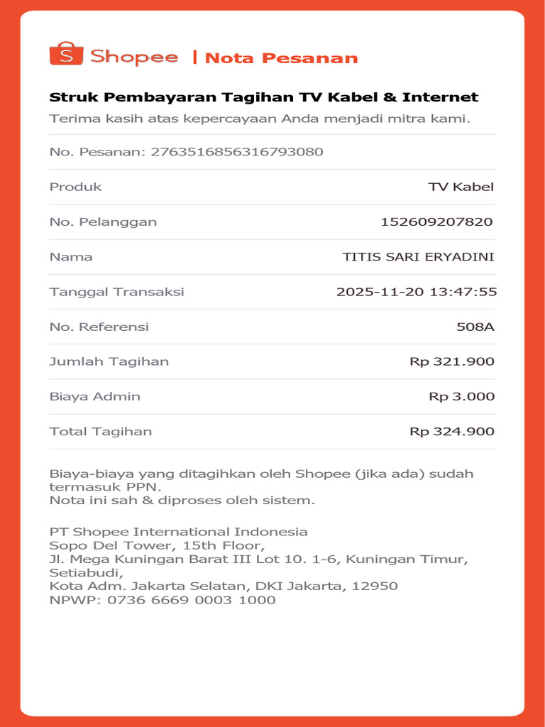 Nota Pembayaran TV Kabel & Internet | PDF