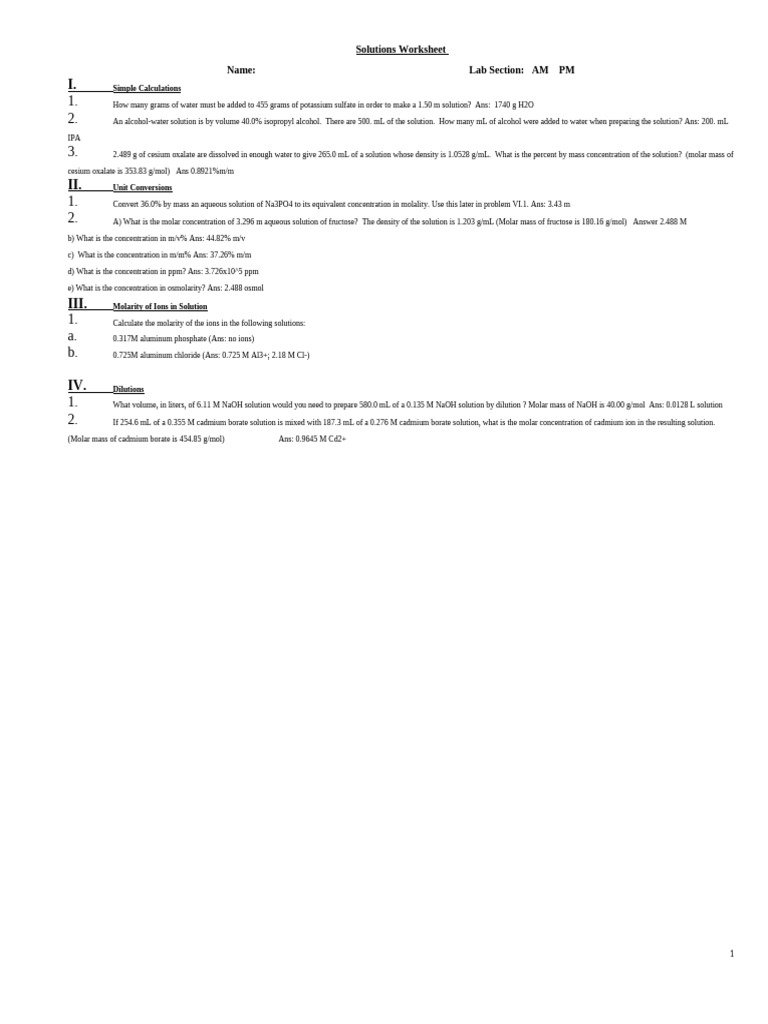 Chemistry Solutions Worksheet Guide | PDF