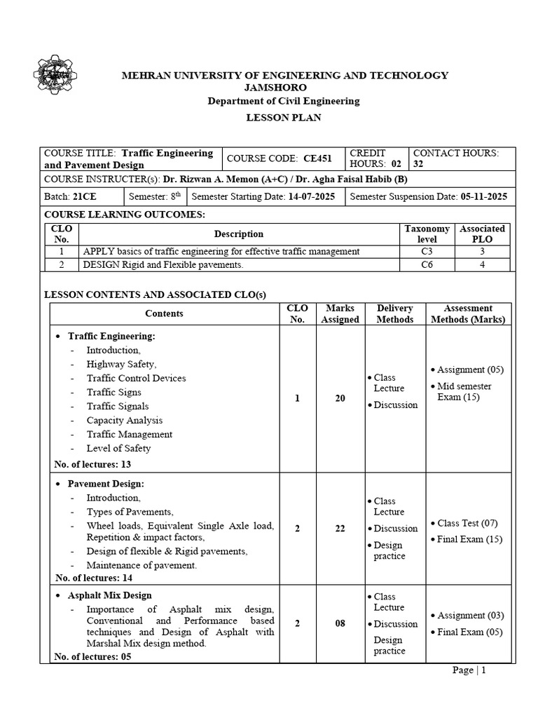 (APPROVED) Lesson Plan Traffic Engineering and Pavement Design (21CE ...