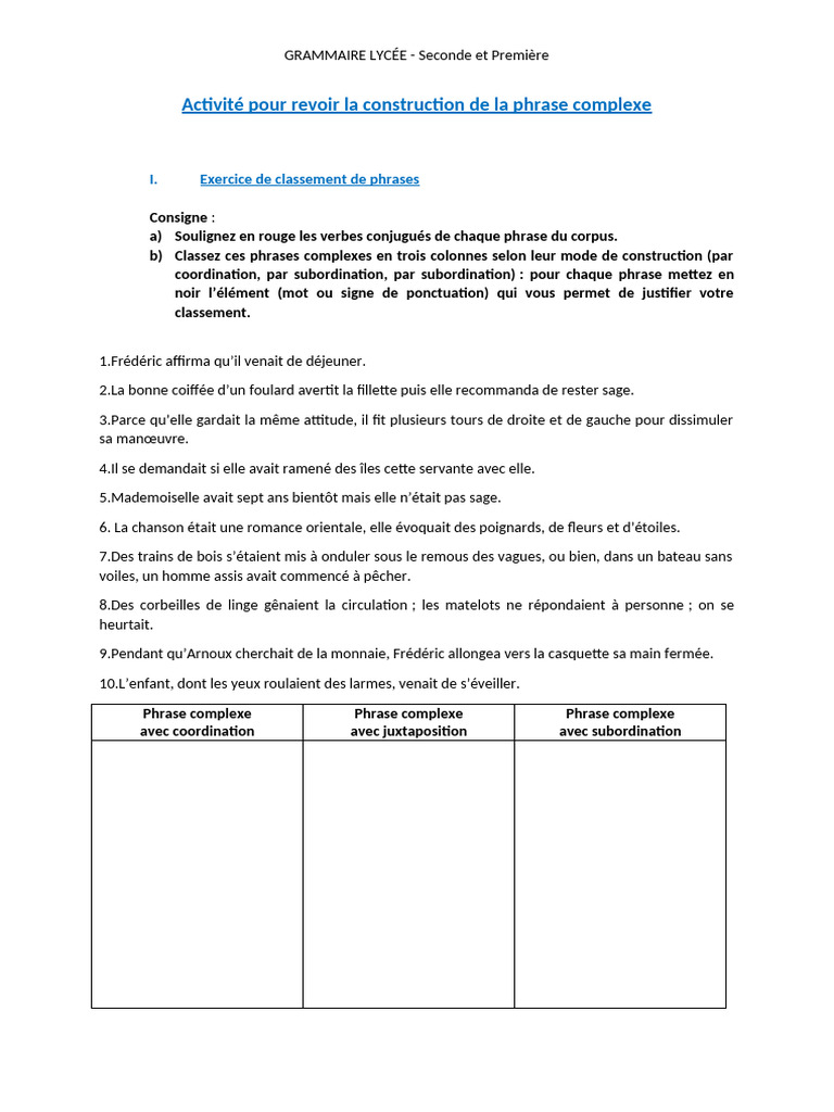 Construction de phrases complexes au lycée | PDF | Clause | Sémantique