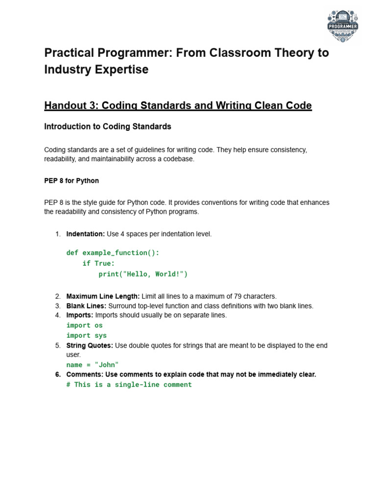 Handout 3 - Coding Standards and Writing Clean Code | PDF | Python ...