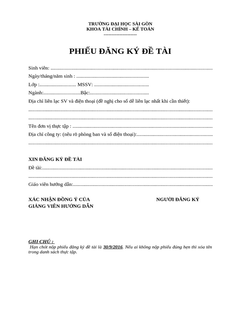 Phieu Dang Ky de Tai 2016 - 2017 | PDF