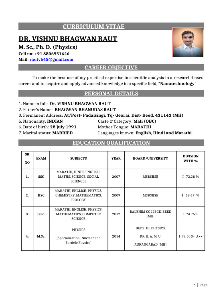 Cv Detailed | PDF | Physical Sciences | Materials Science