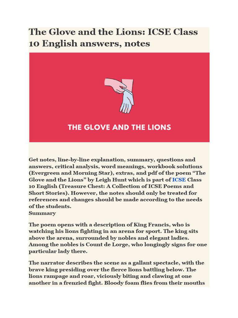 "The Glove and the Lions: Poem Analysis" | PDF | Courage | Lion