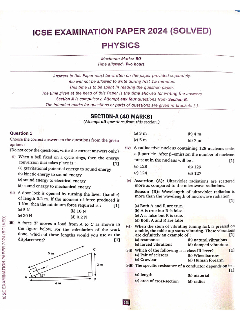Icse Physics 2024 Board Paper With Solution | PDF