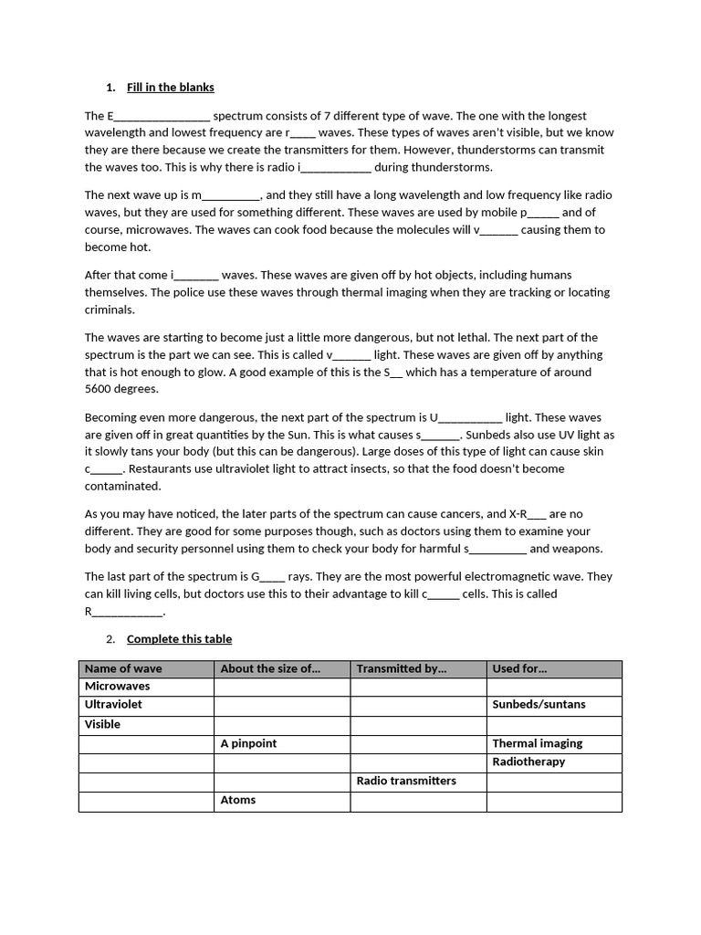 EM Spectrum Worksheet | PDF | Electromagnetic Spectrum | Light
